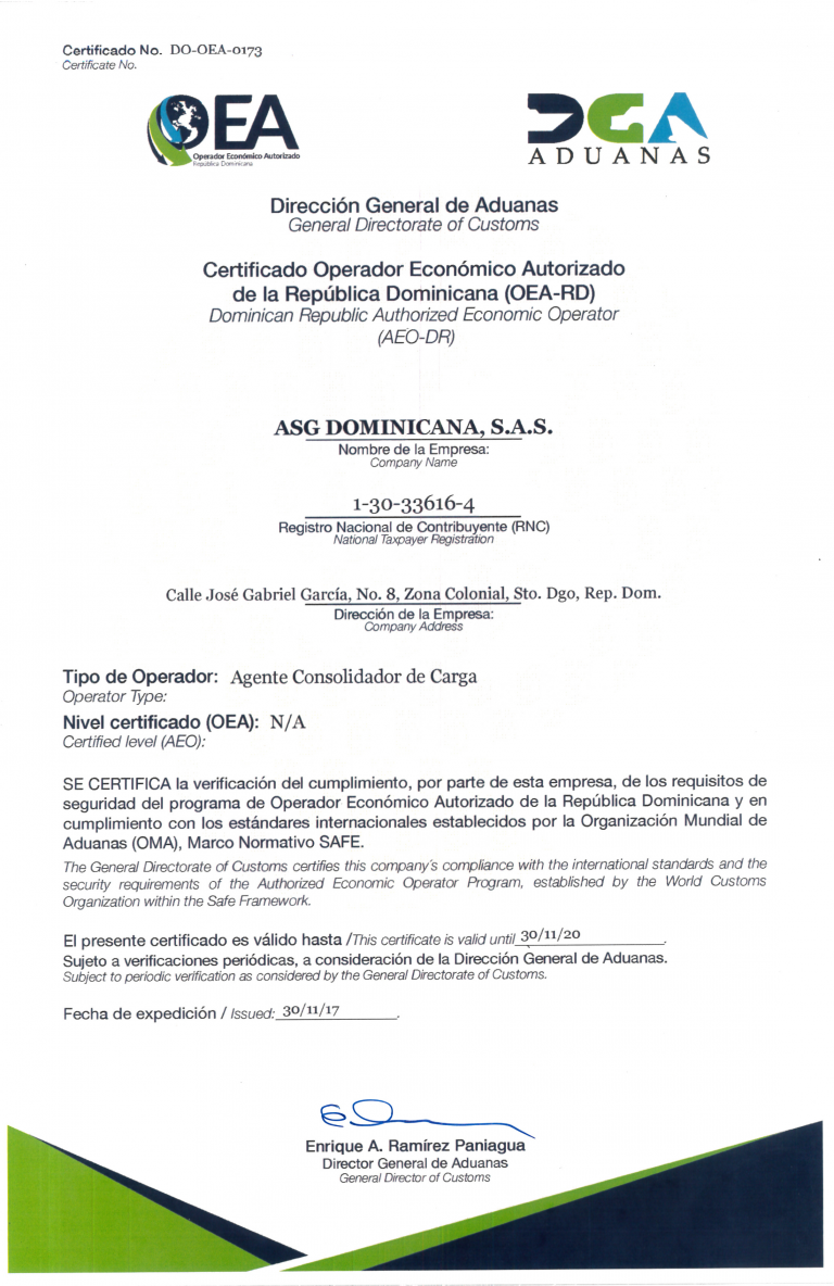 Reseña del Operador Económico Autorizado – ASG DOMINICANA